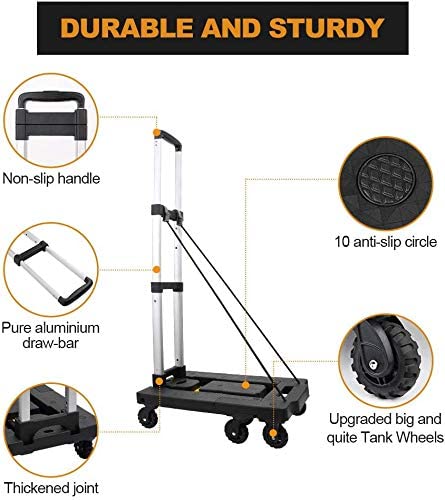 Pansonite Folding Hand Truck, 500 LB Heavy Duty Luggage Cart, Utility Dolly Platform Cart with 7 Wheels & 2 Elastic Ropes for Luggage, Travel, Moving, Shopping, Office Use