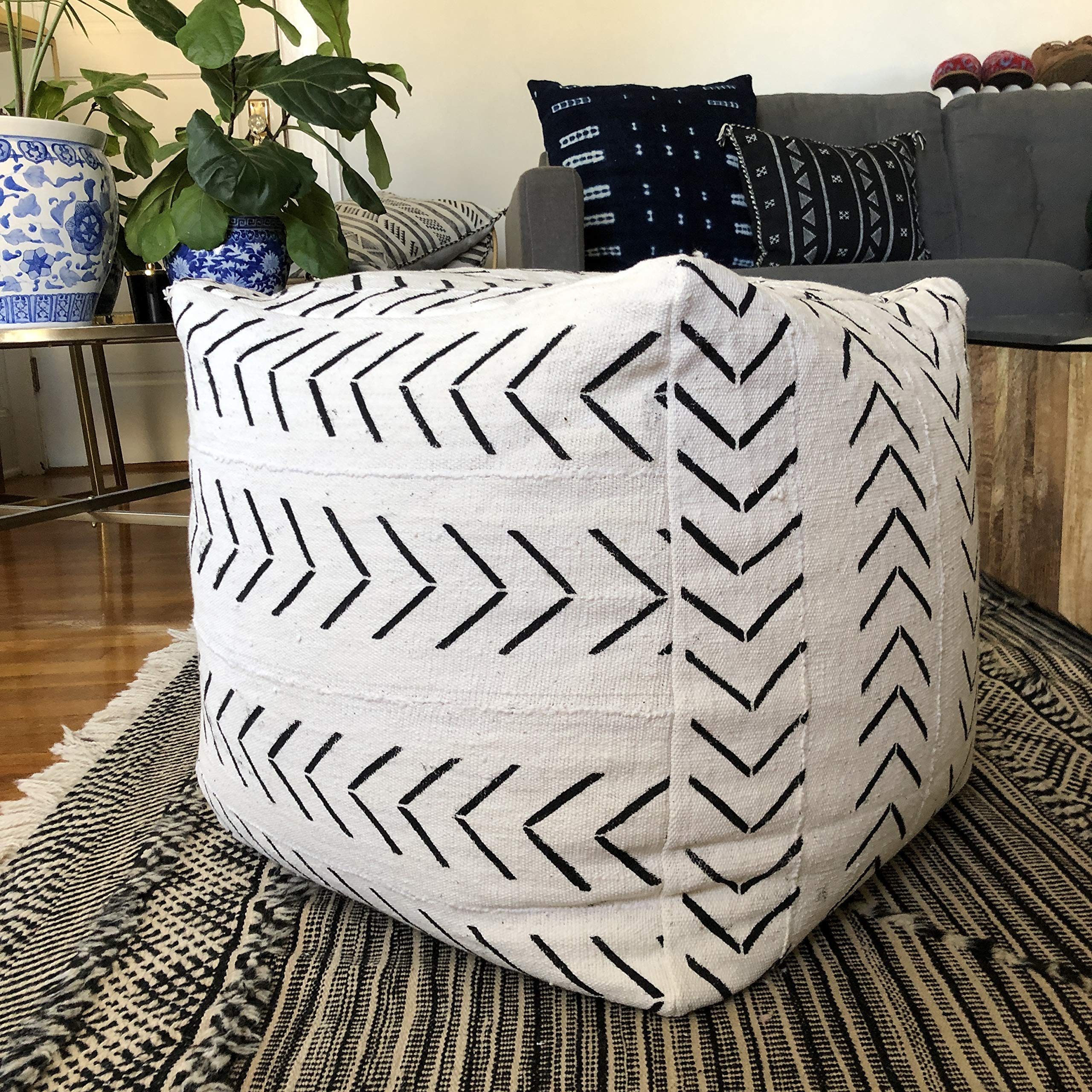 White Arrow Print Mudcloth Square Pouf