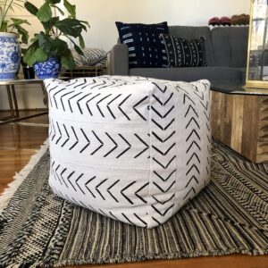 White Arrow Print Mudcloth Square Pouf