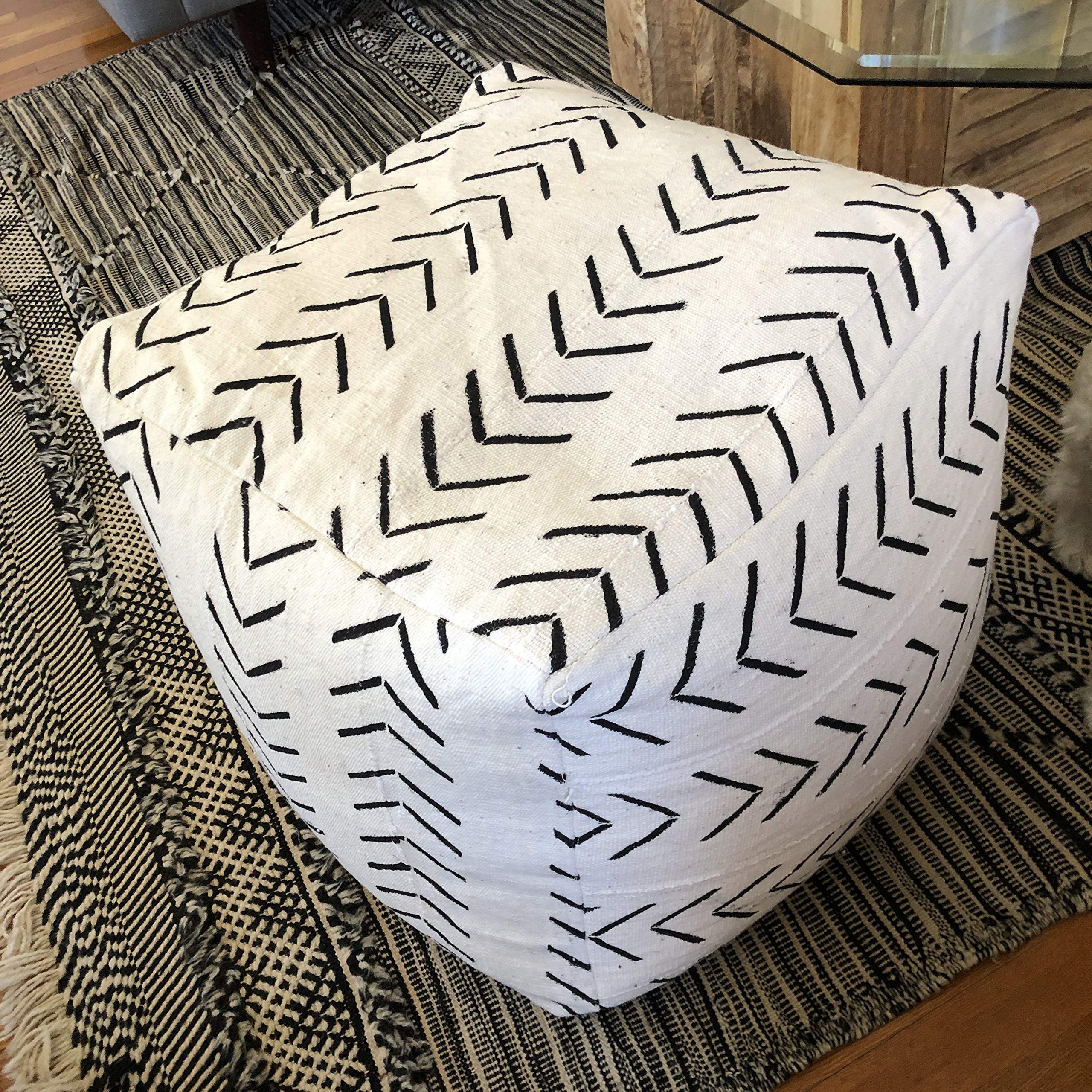 White Arrow Print Mudcloth Square Pouf