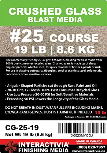 20-30 Grit (#25) Crushed Glass Abrasive - 19 lb or 8.6 kg - Blasting Abrasive Media (Course - Very Large) #25 Mesh - 940 to 559 Microns - for Blast Cabinets Or Sand Blasting Guns