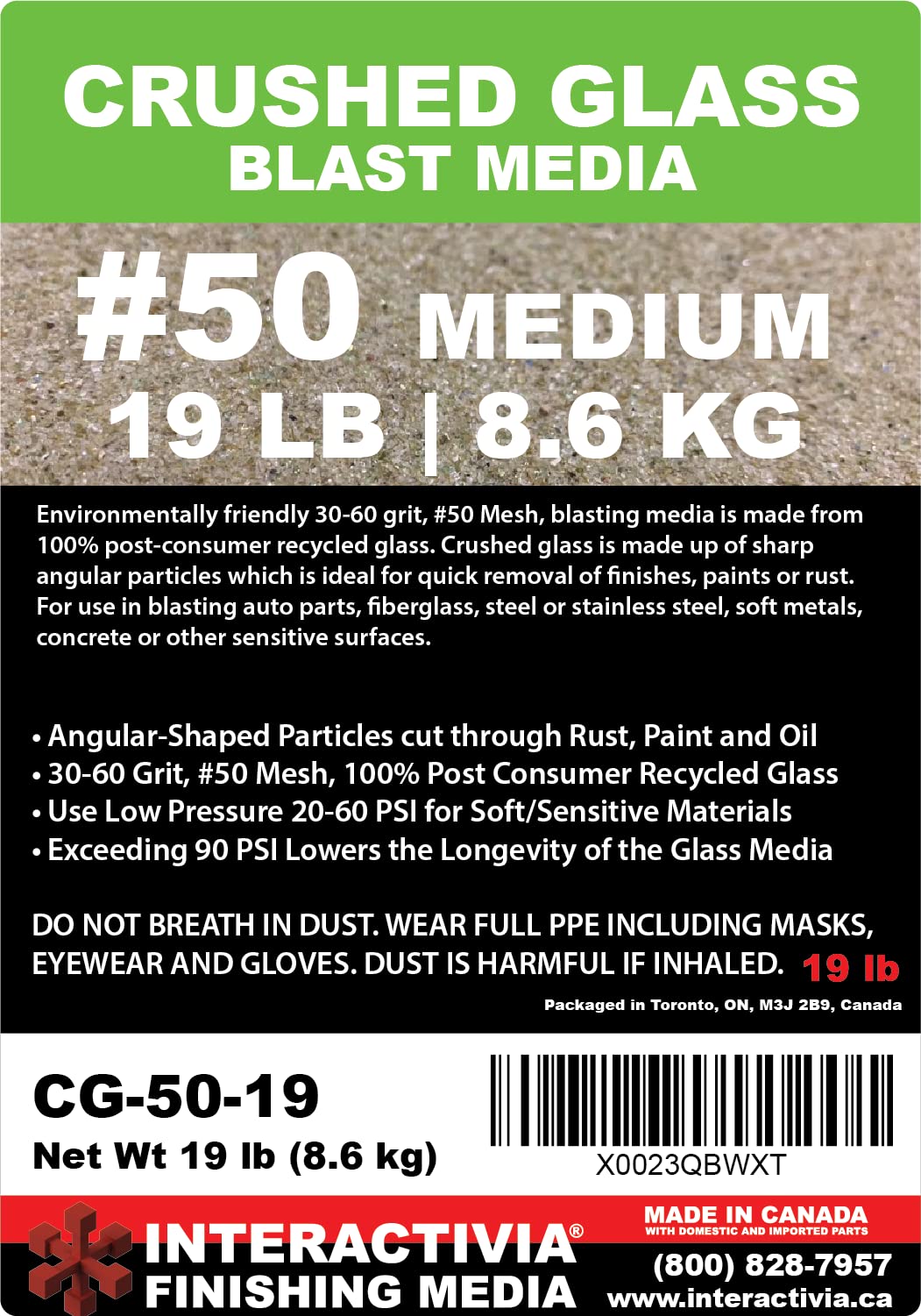 30-60 Grit (#50) Crushed Glass Abrasive - 19 lb or 8.6 kg - Blasting Abrasive Media (Medium) #50 Mesh - 559 to 254 Microns - for Blast Cabinets Or Sand Blasting Guns