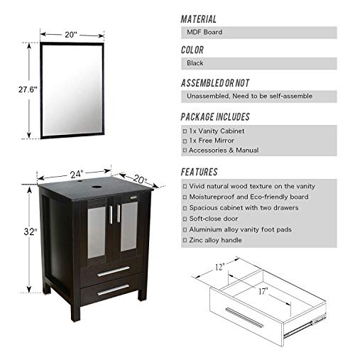 eclife 60" Bathroom Vanity Sink Combo Black W/Side Cabinet Set Rectangle White Ceramic Vessel Sink & Chrome Water Save Faucet & Solid Brass Pop Up Drain, W/Mirrors (T03 2B02)