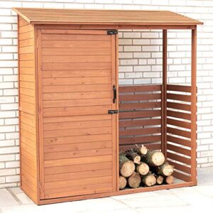 leisure season cfs7181 combination firewood and storage shed - brown - outdoor garden cedar box with shelves, roof, doors - large yard lumber lockers - patio, backyard, deck, organizer -fast assembly