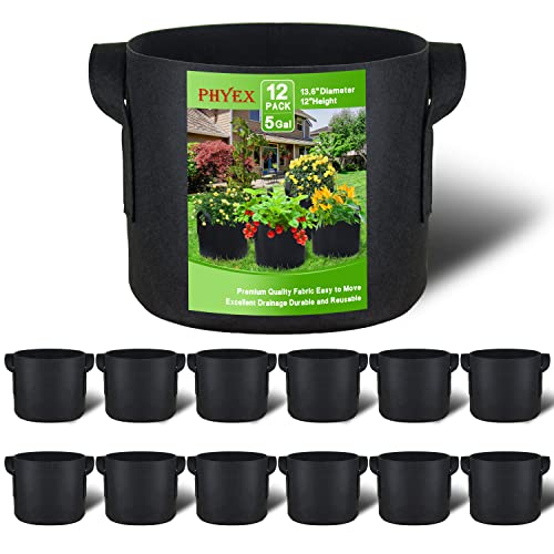 PHYEX 12-Pack 5 Gallon Nonwoven Grow Bags, Aeration Fabric Pots with Durable Handles, Come with 12 Pcs Plant Labels