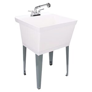 white utility sink laundry tub with pull out chrome faucet, sprayer spout, heavy duty slop sinks for washing room, basement, garage or shop, large free standing wash station tubs and drainage (white)