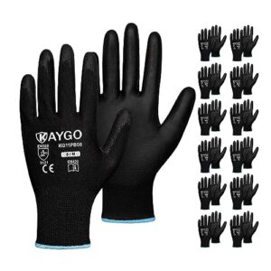 kaygo safety work gloves pu coated-12 pairs, kg11pb, seamless knit glove with polyurethane coated smooth grip on palm & fingers, for men and women, ideal for general duty work (medium, black)