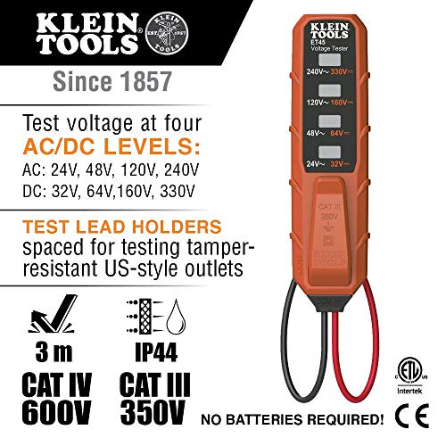 Klein Tools ET45 Voltage Tester, AC Voltage, DC Voltage, Low Voltage Electric Tester, No Batteries Needed