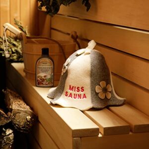 Natural Textile Sauna Hat 'Miss Sauna Flowers' White/Grey - 100% Organic Wool Felt Hats for Russian Banya - Protect Your Head from Heat - Sauna eBook Guide Included - with Embroidery