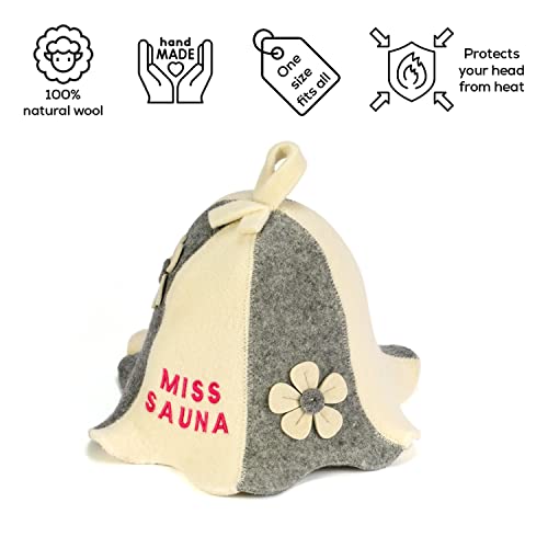 Natural Textile Sauna Hat 'Miss Sauna Flowers' White/Grey - 100% Organic Wool Felt Hats for Russian Banya - Protect Your Head from Heat - Sauna eBook Guide Included - with Embroidery