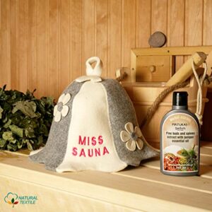 Natural Textile Sauna Hat 'Miss Sauna Flowers' White/Grey - 100% Organic Wool Felt Hats for Russian Banya - Protect Your Head from Heat - Sauna eBook Guide Included - with Embroidery