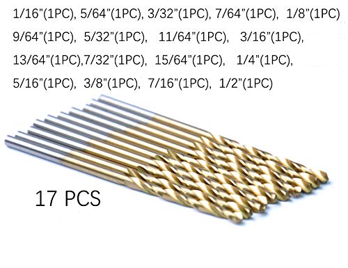 17PCS HSS Titanium Coated Twist Drill Bit Set 1/16" - 1/2" for Metal Steel