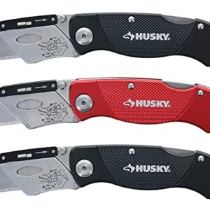 Folding Sure-Grip Lock Back Utility Knives Multi Pack (3 Piece Set: 3 x Husky Knives w/Blades) (Colors Vary) (Multi Pack)