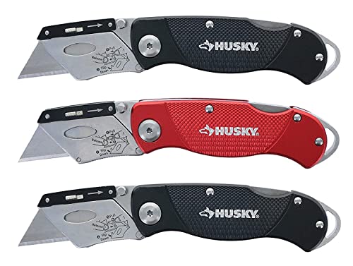 Folding Sure-Grip Lock Back Utility Knives Multi Pack (3 Piece Set: 3 x Husky Knives w/Blades) (Colors Vary) (Multi Pack)