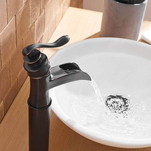 Vessel Sink Faucet Oil Rubbed Bronze Waterfall with Pop Up Drain Assembly Commercial Farmhouse Tall Body Mixer Tap Bowl Single Handle One Hole Without Overflow Supply Line Lead-Free