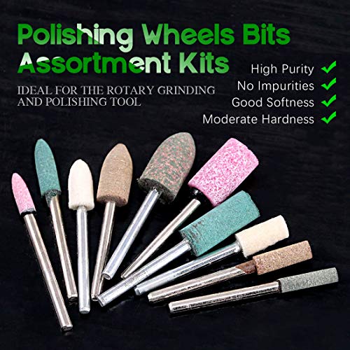 Keadic 100Pcs Electric Polishing Buffing Wheels Grinding Bits Set Shank Wool | Sesame | Rubber | Jade | Cowhide Abrasive Rotary Tools - 1/8 Inch Shank