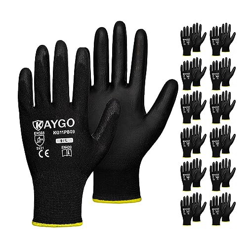 KAYGO Safety Work Gloves PU Coated-12 Pairs, KG11PB, Seamless Knit Glove with Polyurethane Coated Smooth Grip on Palm & Fingers, for Men and Women, Ideal for General Duty Work (Large, Black)