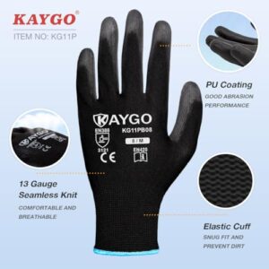 KAYGO Safety Work Gloves PU Coated-12 Pairs, KG11PB, Seamless Knit Glove with Polyurethane Coated Smooth Grip on Palm & Fingers, for Men and Women, Ideal for General Duty Work (Large, Black)