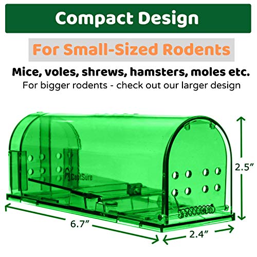 CaptSure Original Humane Mouse Traps, Easy to Set, Kids/Pets Safe, Reusable for Indoor/Outdoor use, for Small Rodent/Voles/Hamsters/Moles Catcher That Works. 2 Pack (S-Rounded, Green)