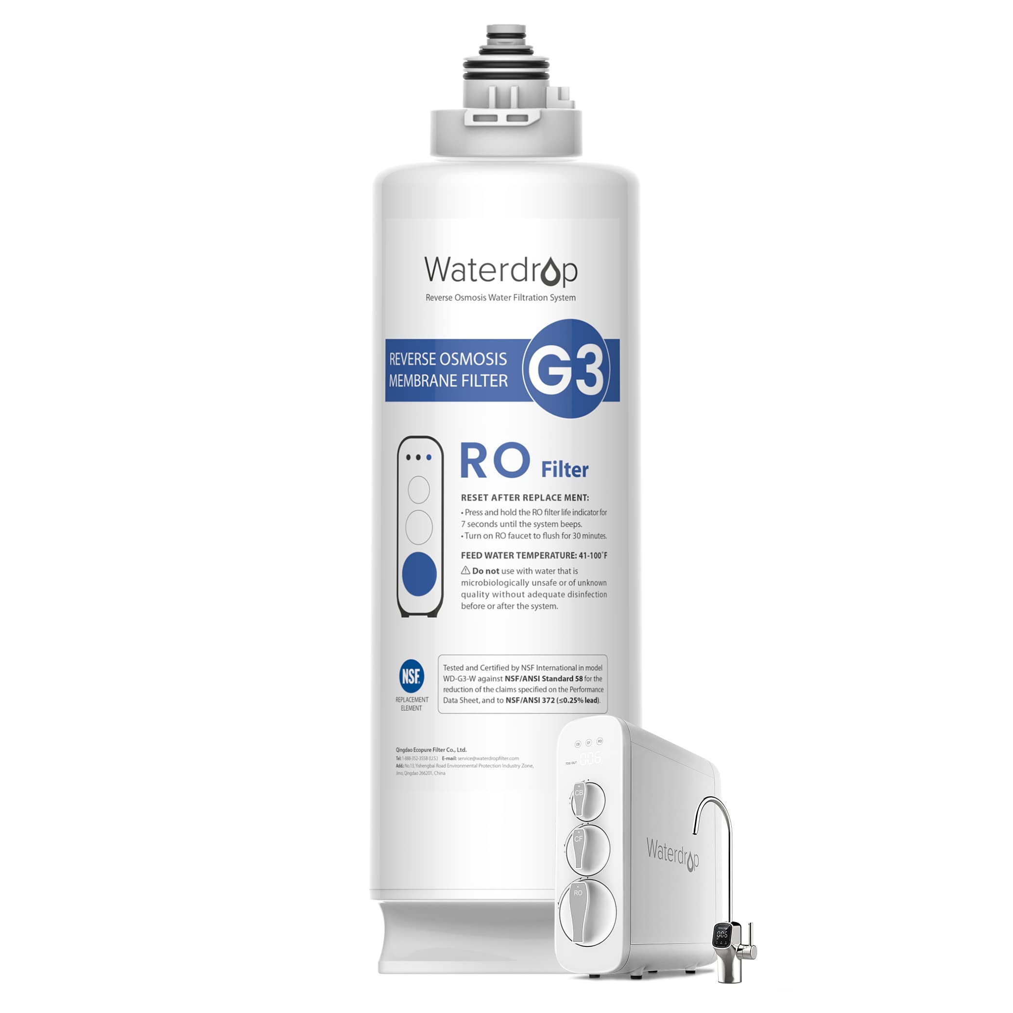 Waterdrop WD-G3-N2RO Filter, NSF Certified, Replacement for WD-G3-W Reverse Osmosis System, 2-year Lifetime