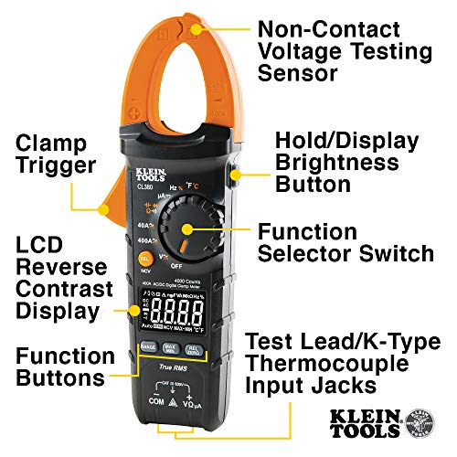 Klein Tools CL380 Electrical Tester, Digital Clamp Meter and Non-Contact Voltage Tester, Auto-Ranging and TRMS, 400 Amps, LCD Display