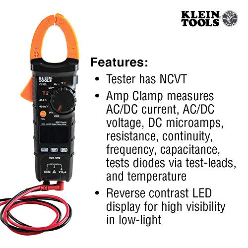 Klein Tools CL380 Electrical Tester, Digital Clamp Meter and Non-Contact Voltage Tester, Auto-Ranging and TRMS, 400 Amps, LCD Display