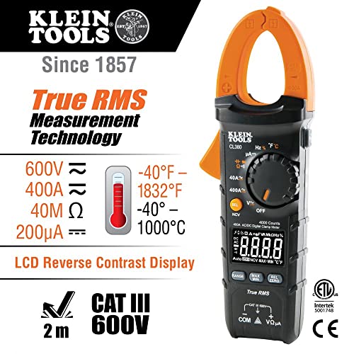 Klein Tools CL380 Electrical Tester, Digital Clamp Meter and Non-Contact Voltage Tester, Auto-Ranging and TRMS, 400 Amps, LCD Display