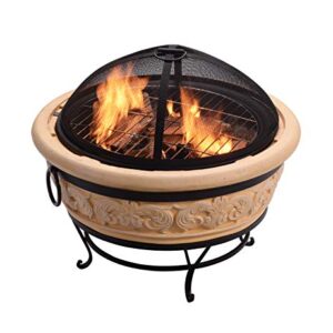 Teamson Home Wood Burning Fire Pit with Spark Screen, Fireplace Poker, Grilling Grate, and BBQ Grill for Outdoor Patio Garden Backyard Decking, 27 Inch Length, Light Brown