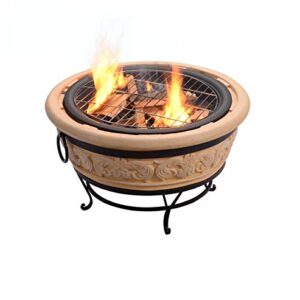 Teamson Home Wood Burning Fire Pit with Spark Screen, Fireplace Poker, Grilling Grate, and BBQ Grill for Outdoor Patio Garden Backyard Decking, 27 Inch Length, Light Brown