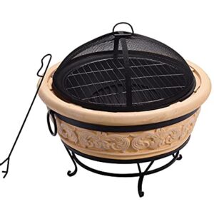 Teamson Home Wood Burning Fire Pit with Spark Screen, Fireplace Poker, Grilling Grate, and BBQ Grill for Outdoor Patio Garden Backyard Decking, 27 Inch Length, Light Brown