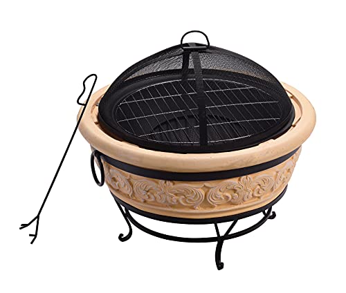 Teamson Home Wood Burning Fire Pit with Spark Screen, Fireplace Poker, Grilling Grate, and BBQ Grill for Outdoor Patio Garden Backyard Decking, 27 Inch Length, Light Brown