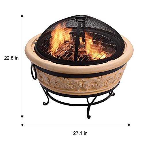 Teamson Home Wood Burning Fire Pit with Spark Screen, Fireplace Poker, Grilling Grate, and BBQ Grill for Outdoor Patio Garden Backyard Decking, 27 Inch Length, Light Brown