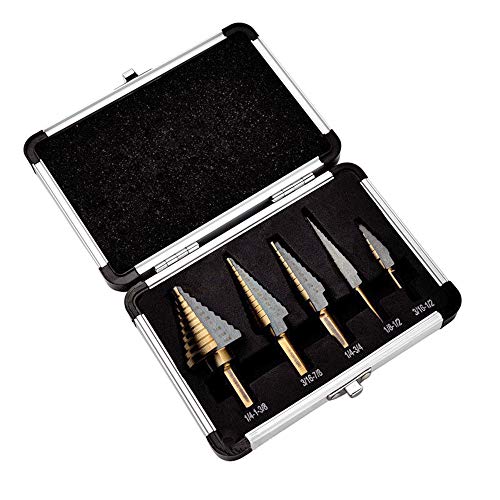 Meichoon HSS Step Drill Bit Set 5Pcs 1/4-1-3/8" 3/16-7/8" 1/4-3/4" 1/8-1/2" 3/16-1/2", British System Titanium Coated Triangle Shank Multifunction Pagoda Drill DC14