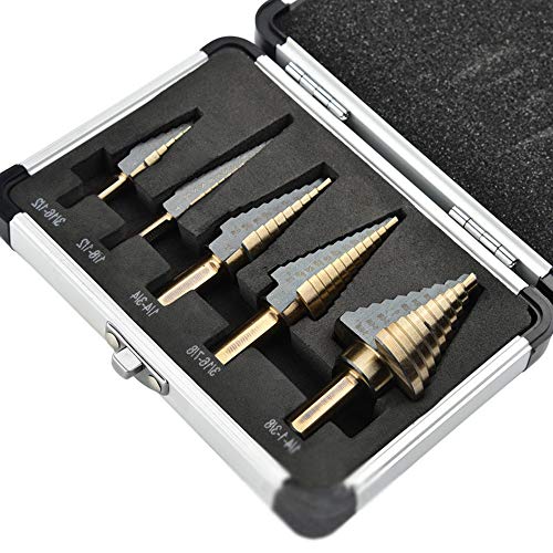 Meichoon HSS Step Drill Bit Set 5Pcs 1/4-1-3/8" 3/16-7/8" 1/4-3/4" 1/8-1/2" 3/16-1/2", British System Titanium Coated Triangle Shank Multifunction Pagoda Drill DC14