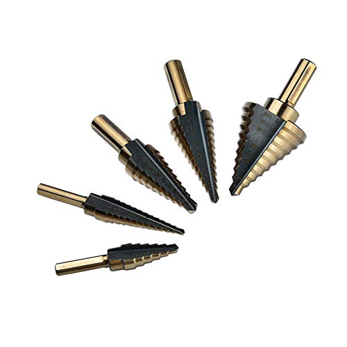 Meichoon HSS Step Drill Bit Set 5Pcs 1/4-1-3/8" 3/16-7/8" 1/4-3/4" 1/8-1/2" 3/16-1/2", British System Titanium Coated Triangle Shank Multifunction Pagoda Drill DC14