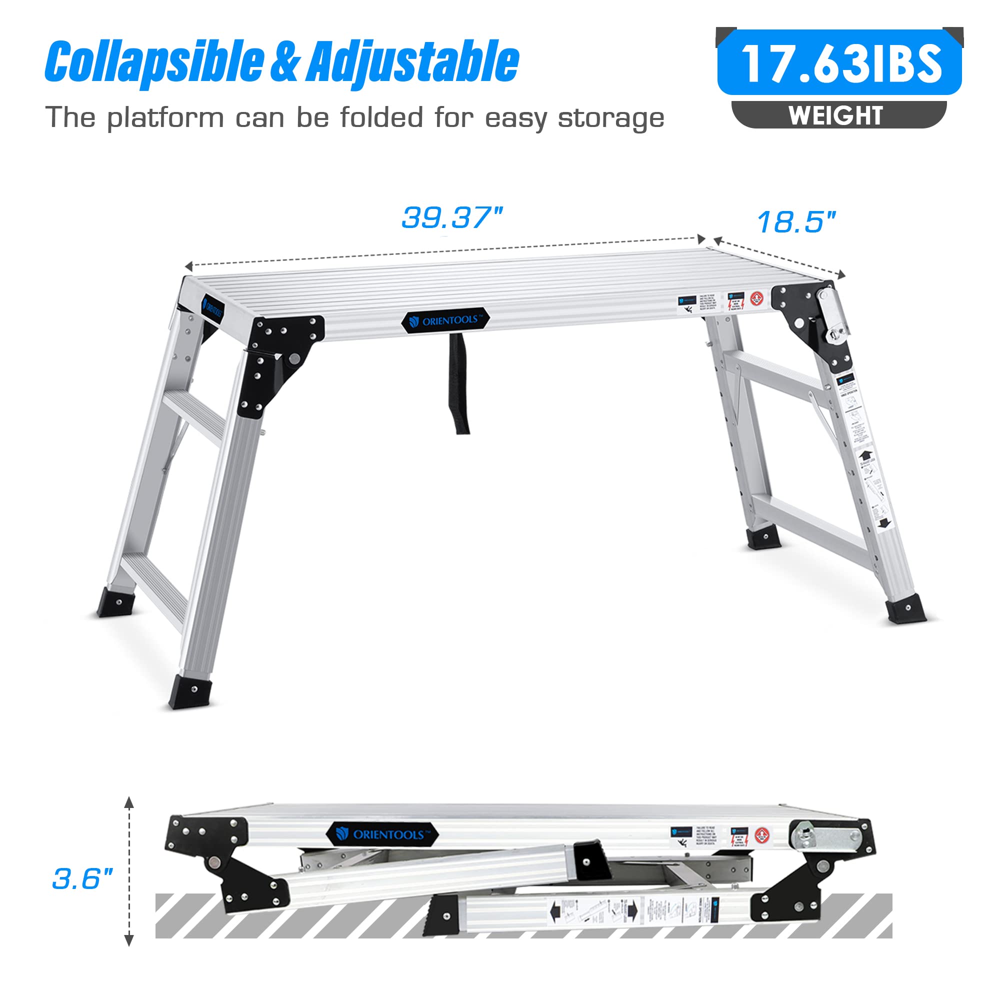 ORIENTOOLS Adjustable Work Platform Step Ladder,Portable Folding Aluminum Step Ladder,Scaffolding Platform of Capacity 330 LBS Heavy Duty,Adjustable Height 25 to 35 inches