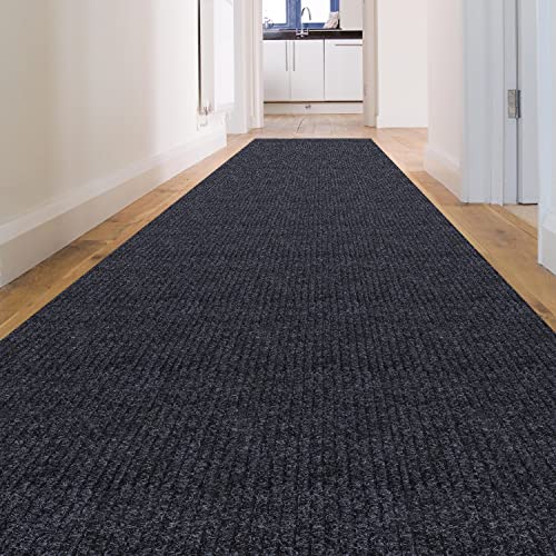 Scrape Rib Solid Design Non-Slip Rubberback 3x10 Indoor/Outdoor Waterproof Runner Rug for Hallway, Kitchen, Living Room, Garage, Patio, 2'7" x 9'10", Black