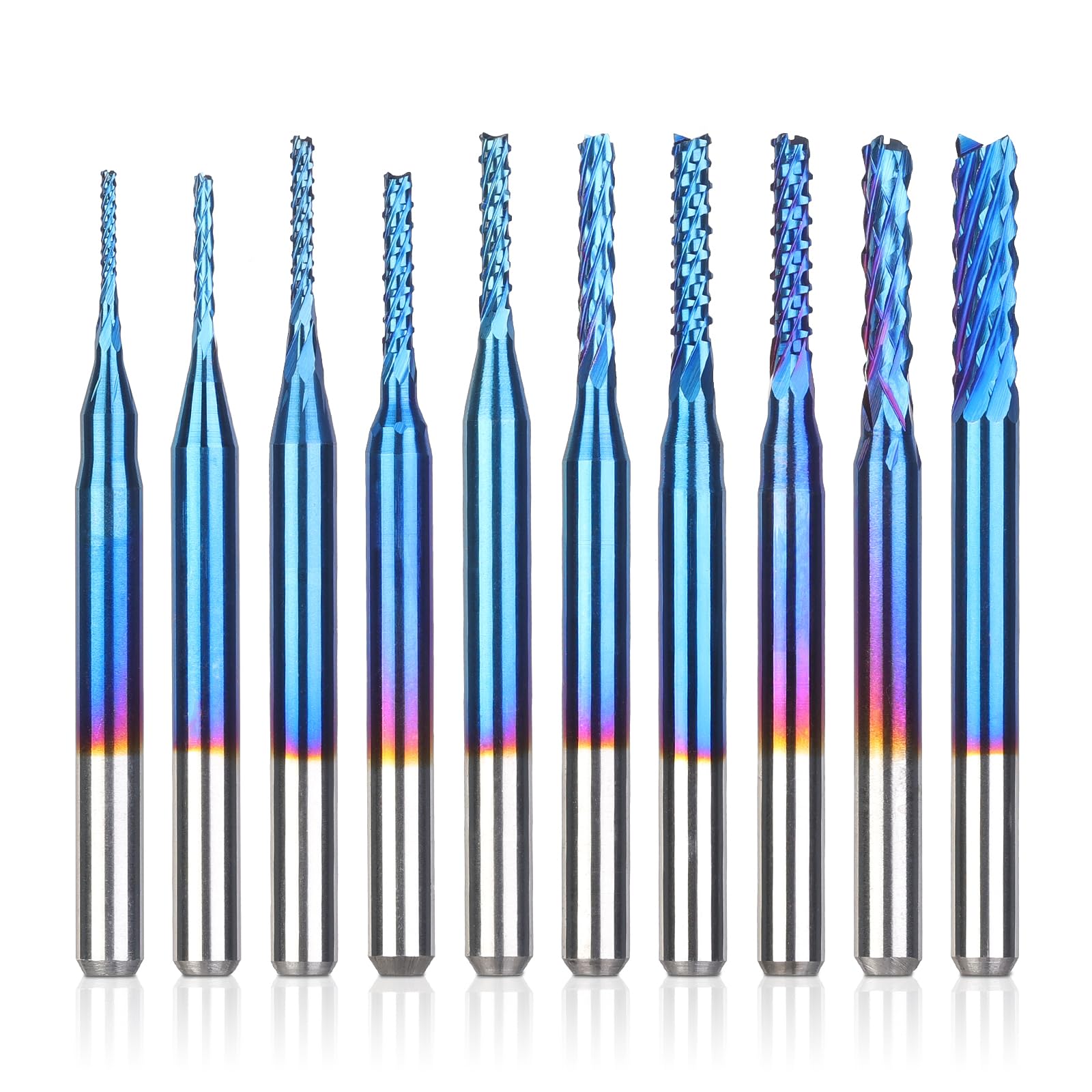 SainSmart Genmitsu 10Pcs Nano Blue Coat End Mill CNC Router Bits, 0.8-3mm, 1/8" Shank