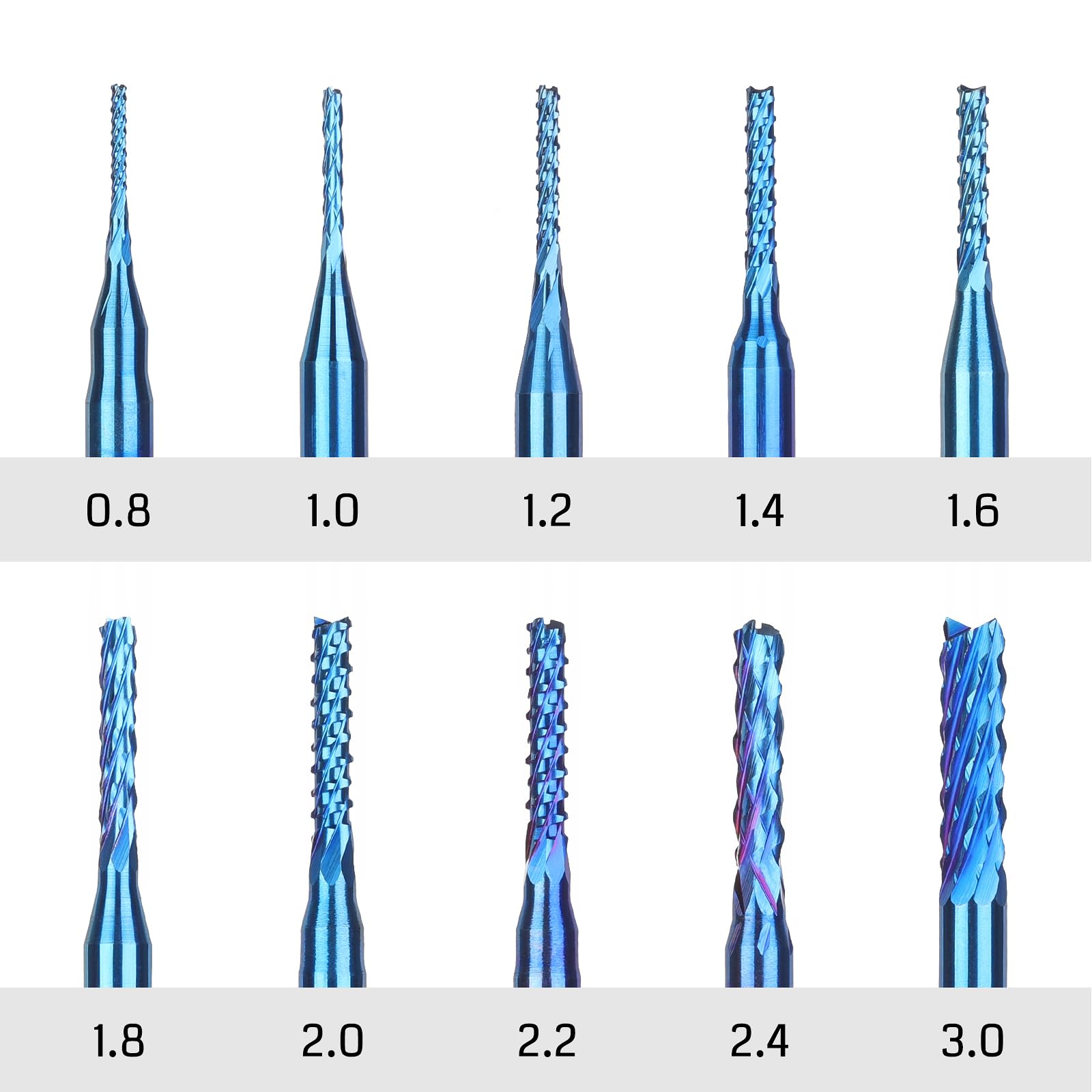 SainSmart Genmitsu 10Pcs Nano Blue Coat End Mill CNC Router Bits, 0.8-3mm, 1/8" Shank