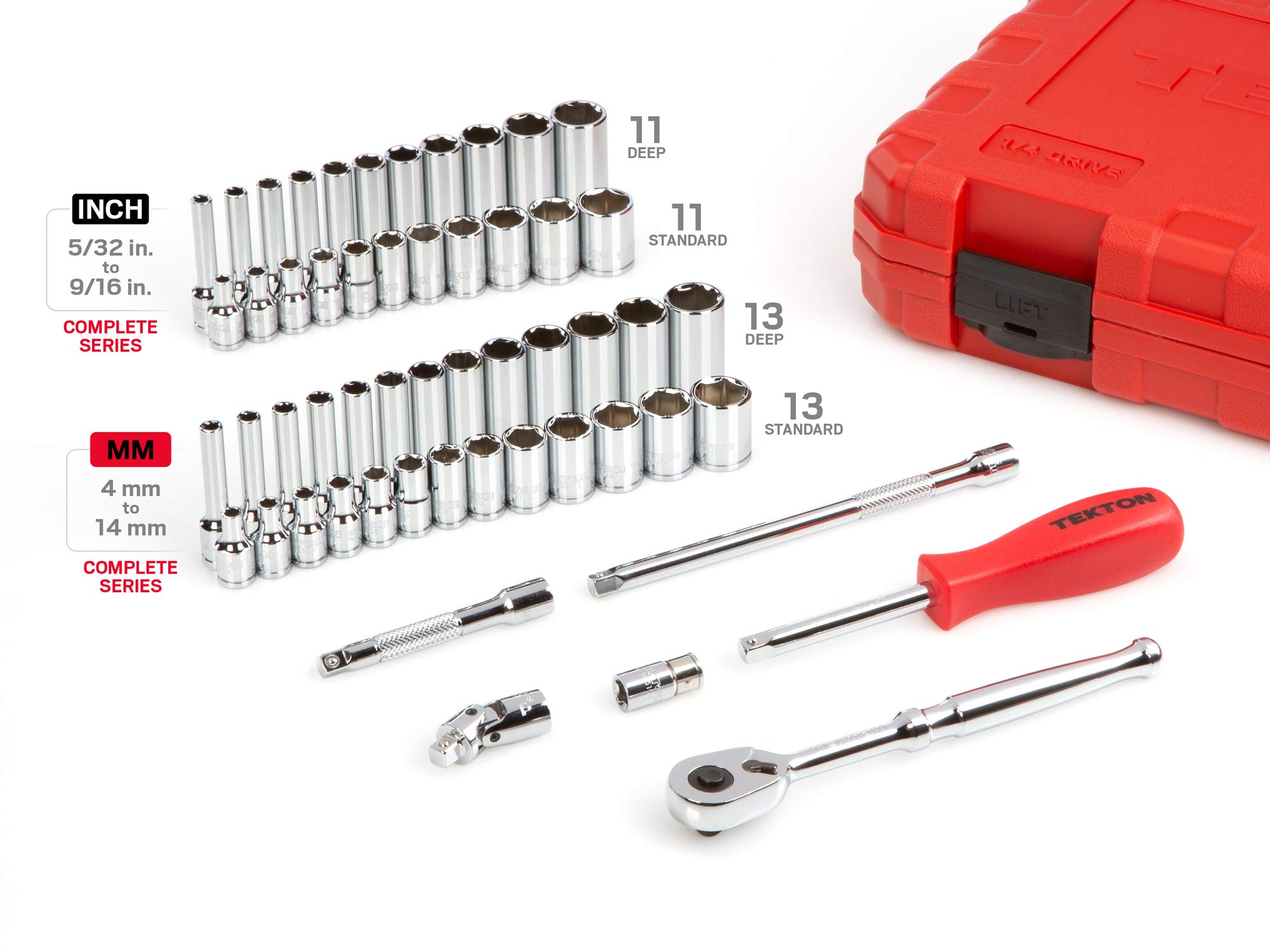 TEKTON 1/4 Inch Drive 6-Point Socket and Ratchet Set, 55-Piece (5/32-9/16 in., 4-14 mm) | SKT05301