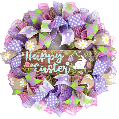 Happy Easter Decorations - Easter Wreaths for Door - Bunny Welcome Door Wreath - Purple Jute Burlap Pink