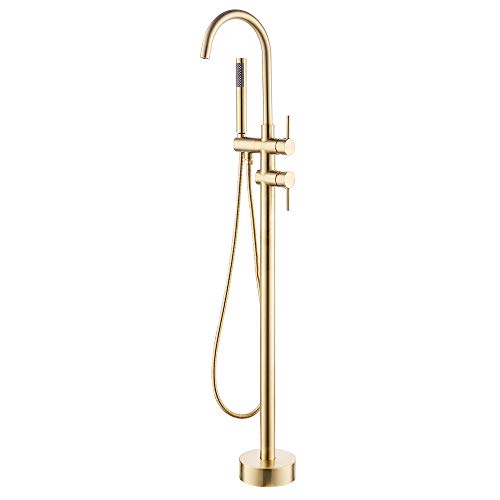 AYIVG Bathroom Brass Floor Mount Free Standing Bathtub Faucet Shower System Set (Brushed Gold)