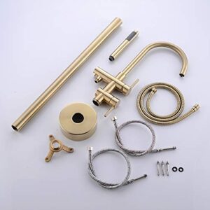 AYIVG Bathroom Brass Floor Mount Free Standing Bathtub Faucet Shower System Set (Brushed Gold)