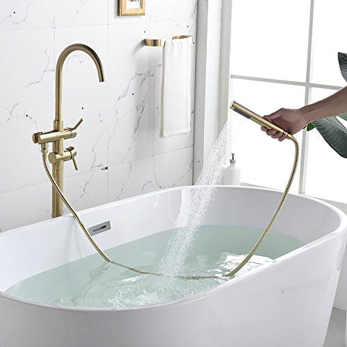 AYIVG Bathroom Brass Floor Mount Free Standing Bathtub Faucet Shower System Set (Brushed Gold)