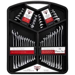 texas best chrome vanadium steel combination wrench set | sae (inch) & metric sizes | quick access hanging tray | carry case master organizer included (32 pc)