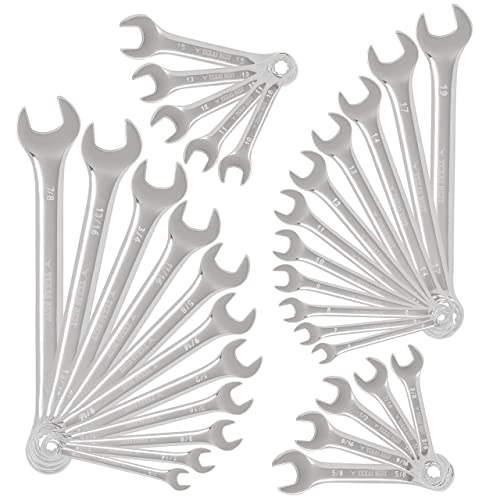 Texas Best Chrome Vanadium Steel Combination Wrench Set | SAE (Inch) & Metric Sizes | Quick Access Hanging Tray | Carry Case Master Organizer Included (32 Pc)