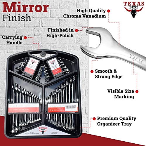 Texas Best Chrome Vanadium Steel Combination Wrench Set | SAE (Inch) & Metric Sizes | Quick Access Hanging Tray | Carry Case Master Organizer Included (32 Pc)