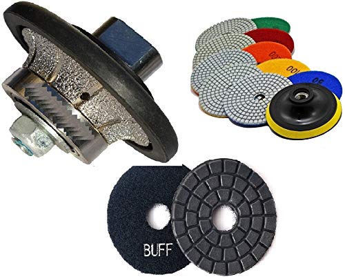 Diamond Profile Wheel Router Bit 1/2" RoundOver Bullnose and 4" Diamond Polishing Pad 11 + Buffer for granite marble ceramic concrete quartz countertop refinishing vanity top makeover