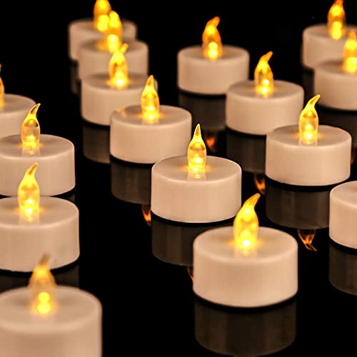 JUNPEI 24Pack Battery Tea Lights LED - Realistic and Bright Flickering Holiday Gift Operated Flameless for Seasonal & Festival Celebration Warm Yellow Lamp Battery Powered