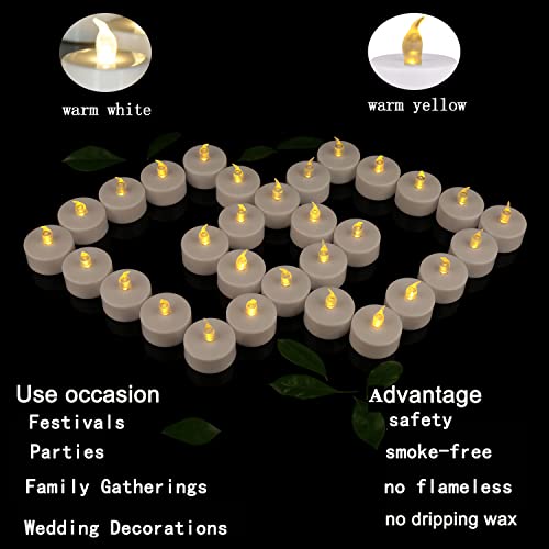 JUNPEI 24Pack Battery Tea Lights LED - Realistic and Bright Flickering Holiday Gift Operated Flameless for Seasonal & Festival Celebration Warm Yellow Lamp Battery Powered